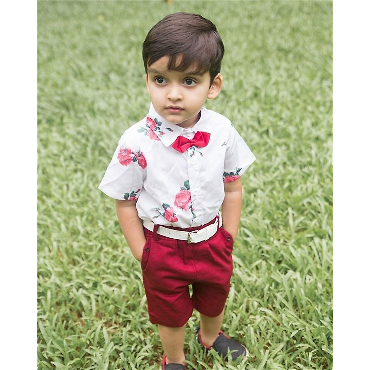Toddler Baby Boys Rose Floral Shorts Set Short Sleeve Button Down Shirt + Shorts Pants 2 Pieces Infant Summer Clothes Outfits Red 2-3 Years