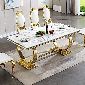 70" Modern Marble Dining Table, Luxury Gold Rectangular Kitchen Table for 6-8, Mid-Century White Faux Marble Dining Room Table with Mirrored Stainless Steel Pedestal Base for 6