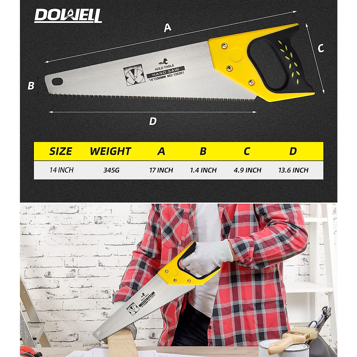 DOWELL 14 in Hand Saw - 11 TPI Fine Cuts Wood Saw Perfect for Sawing, Trimming, Gardening, Cutting Wood, Drywall, Plastic Pipes, Sharp Blade - Crosscut Saw, HY041107