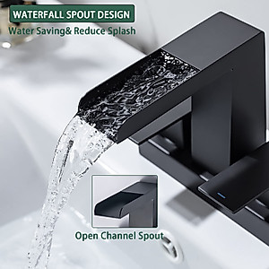 HAMOLER 4 Inch Centerset Waterfall Bathroom Faucet 2 Handle 3 Hole Basin Faucet with Pop Up Drain with Overflow, Vanity Faucet Matte Black