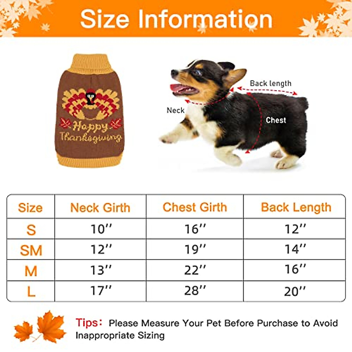 HUMLANJ Thanksgiving Knitted Dog Turtleneck Sweater Dog Sweaters Turkey Warm Pullover Sleeveless with Leash Hole for Puppy Doggy Doggie Yorkshire Chihuahua Pug