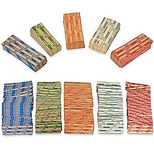 NATURALABEL 250 Assorted Flat Coin Wrappers, 50 Each of Quarters, Dollars, Dimes, Nickels, Pennies, Coin Striped Kraft Packing