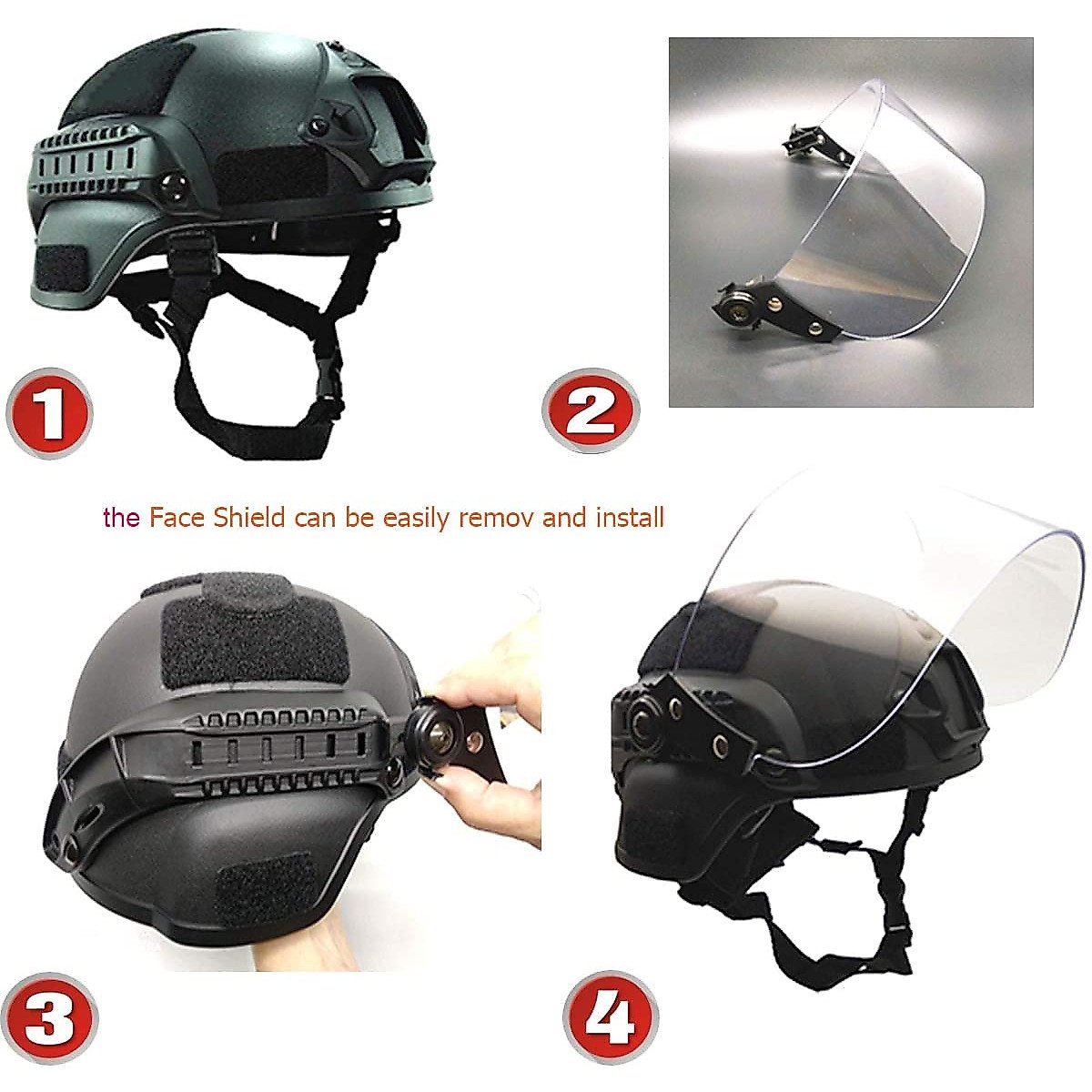 Hunting Explorer Airsoft MICH 2000 ACH Tactical Helmet with Clear Visor NVG Mount and Side Rail, Black, 11.81 x 11.34 x 7.09inch