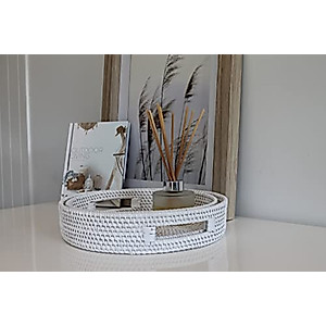 SIMPLY FABULOUS White Round Rattan Tray, Set of 2 Serving Trays with Handles, 13 & 11 inch