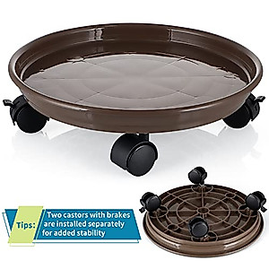 Skelang 13" Plant Caddy, Movable Plant Stand Pot Saucer, Plant Pallet Tray Trolley with Casters, Plant Dolly for Garden Planter, Deck Potted Plant, Each Load Capacity 125 Lbs, Pack of 2 (Brown)