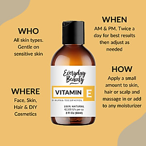 Pure Vitamin E Oil - D-Alpha Tocopherol 100% Pure & All Natural 2oz 42,500 IU per oz - Thick, Amber Color, Nutty Aroma - From Wheat Germ -Face Body Hair -DIY Cosmetics & After Surgery Scars