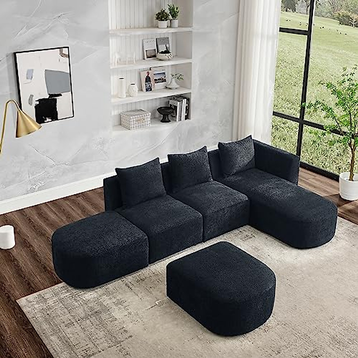 Free Combination Upholstered Reversible Modular Sectional Sofa,Rearrangeable L-Shaped Corner Cloud Deep Sofá with Right Side Chaise,Ottoman and Waist Pillows for Living Room Office Furniture Set