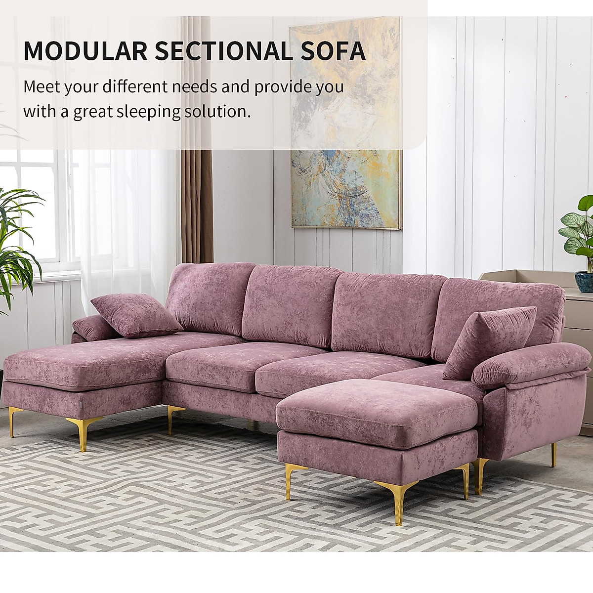 Sudwesto Modular Sectional Sofa, U Shape Chenille Upholstered Sofa Couch with Ottoman, 4 Seat Reversible Couch with Chaise Lounges, Convertible Sofa Set for Living Room (Purple)