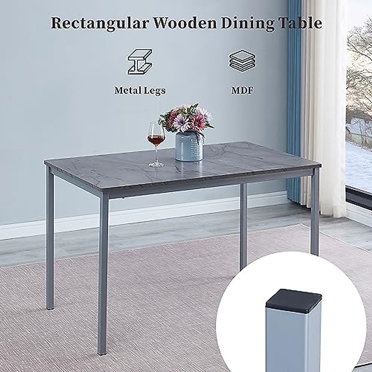 ROZHOME Rectangular Dining Table with MDF Board Top and Metal Legs for Home Office Kitchen Dining Room 47.2" * 27.5" * 29.5"(L x W x H) (Gray Marble Effect)