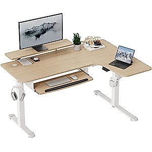 EUREKA ERGONOMIC L Shaped Standing Desk with Keyboard Tray, 61" Electric Height Adjustable Computer Desk with Monitor Stand & LED Strips, Dual Motor Sit Stand Up Corner Gaming Desk, Right/Maple