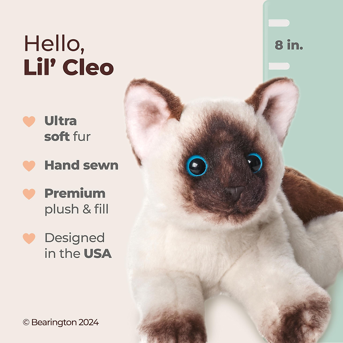 Bearington Collection Lil’ Cleo Siamese Cat: Hand-Sewn 8” Long Stuffed Plush Cat with Ultra-Soft Faux-Fur,Fuzzy Paws & Premium Fill, Birthday, Anniversary, Valentine’s Day Gift for Animal Lovers