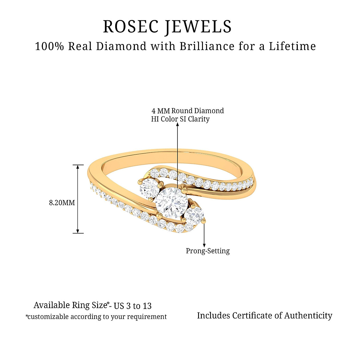 Diamond Past Present Future Bypass Ring | HI-SI Quality | Three Stone Promise Engagement Jewelry for Her, 14K Yellow Gold, Size:US 5.00