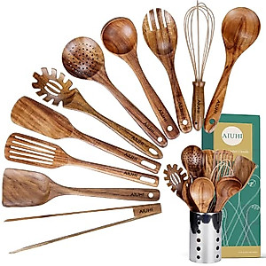 Kitchen Utenails Set with Holder,Kitchen Wooden Utensils for Cooking , Wood Utensil Natural Teak Wood Spoons for Cooking,Wooden Kitchen Utensil Set With Spatula and Ladle (11)
