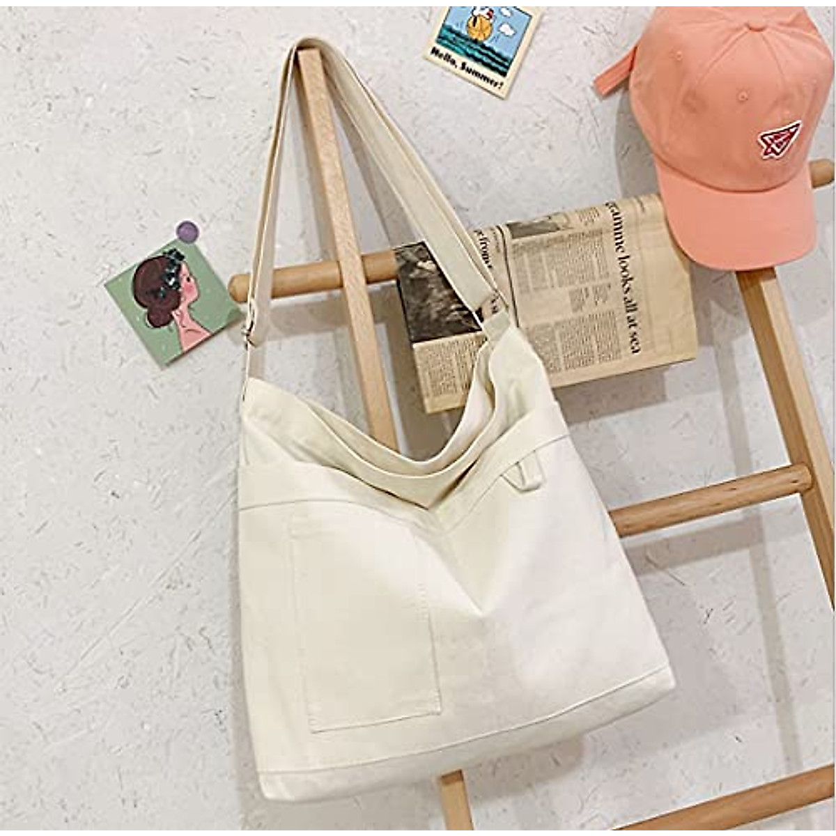 Kehpish Economical Cotton Tote Bag, Reusable Womens Canvas Tote Bag with 3 External Pocket, Top Zipper Closure White