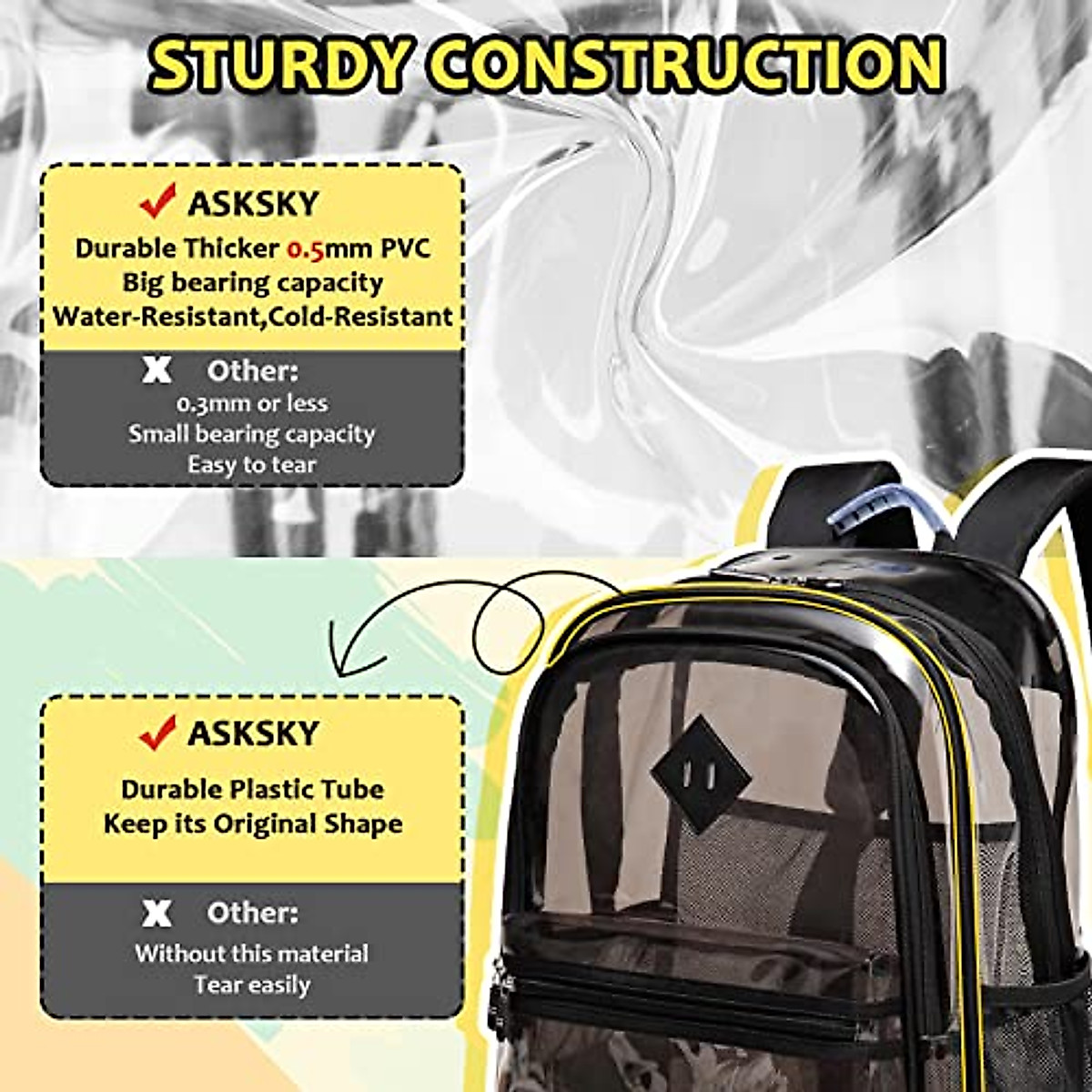 ASKSKY Clear Backpack Stadium Approved, Thriple Compartments Book Bag Heavy Duty Black PVC See Through Backpack for School for College Travel Work Festival, Black and Grey