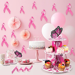 Cholemy Breast Cancer Awareness Party Decoration 3 Tier Round Cardboard Cupcake Stand Pink Ribbon Dessert Cupcake Decoration Cancer Awareness Serving Tray for Women Breast Cancer Survivors Gift