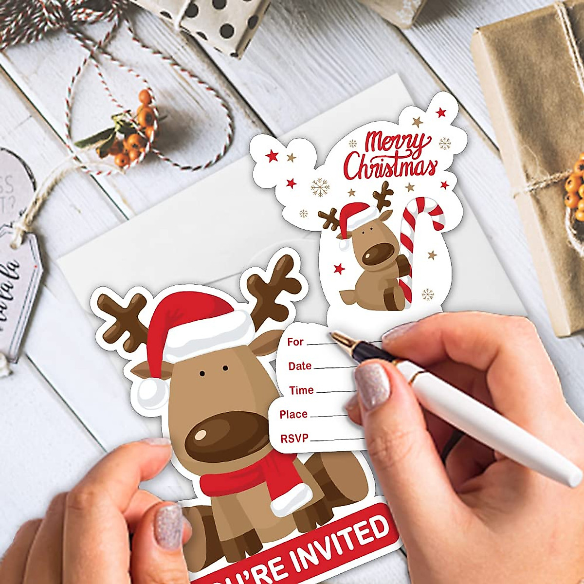 REWIDPARTY Christmas Elk Party Invitation Cards with Envelopes（Set of 15） Merry Christmas Shaped Fill-in Invitations Christmas Party Supplies Decorations Party Celebration Cards for Kids Teens Adults