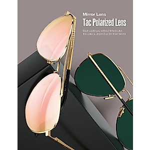 LUENX Aviator Sunglasses Polarized for Women Mirror Pink Lens Metal Gold Frame with case
