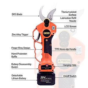 T TOVIA Professional Cordless Electric Pruning Shears Body without Battery, 25V Garden Tree Trimmer with Brushless Motor, 40mm Cutting Diameter, LCD Power Display