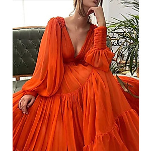 Women's Puffy Tulle Formal Evening Party Gowns Long Sleeve Princess Dress V Neck Ruched Prom Dresses White