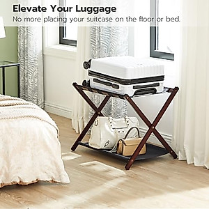 HOOBRO Luggage Rack, Folding Bamboo Suitcase Stand with Storage Shelf and Nylon Straps, 26.8" L x 17.7" W x 20" H, for Guest Room, Hotel, Bedroom, Holds up to 110 lb, Brown and Black BR07XL01