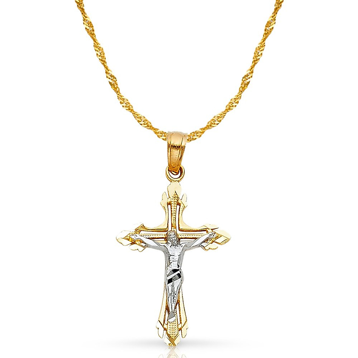 Ioka 14K Two Tone Gold Jesus Crucifix Cross Pendant with 1.2mm Singapore Chain Chain Necklace - 20"