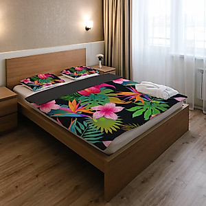 gearider Hawaiian Plant Pattern Black Bedding Set of 3, Ultra Soft Tropical Plumeria Floral Leaves Duvet Cover Set with Zipper Closure - Size Queen