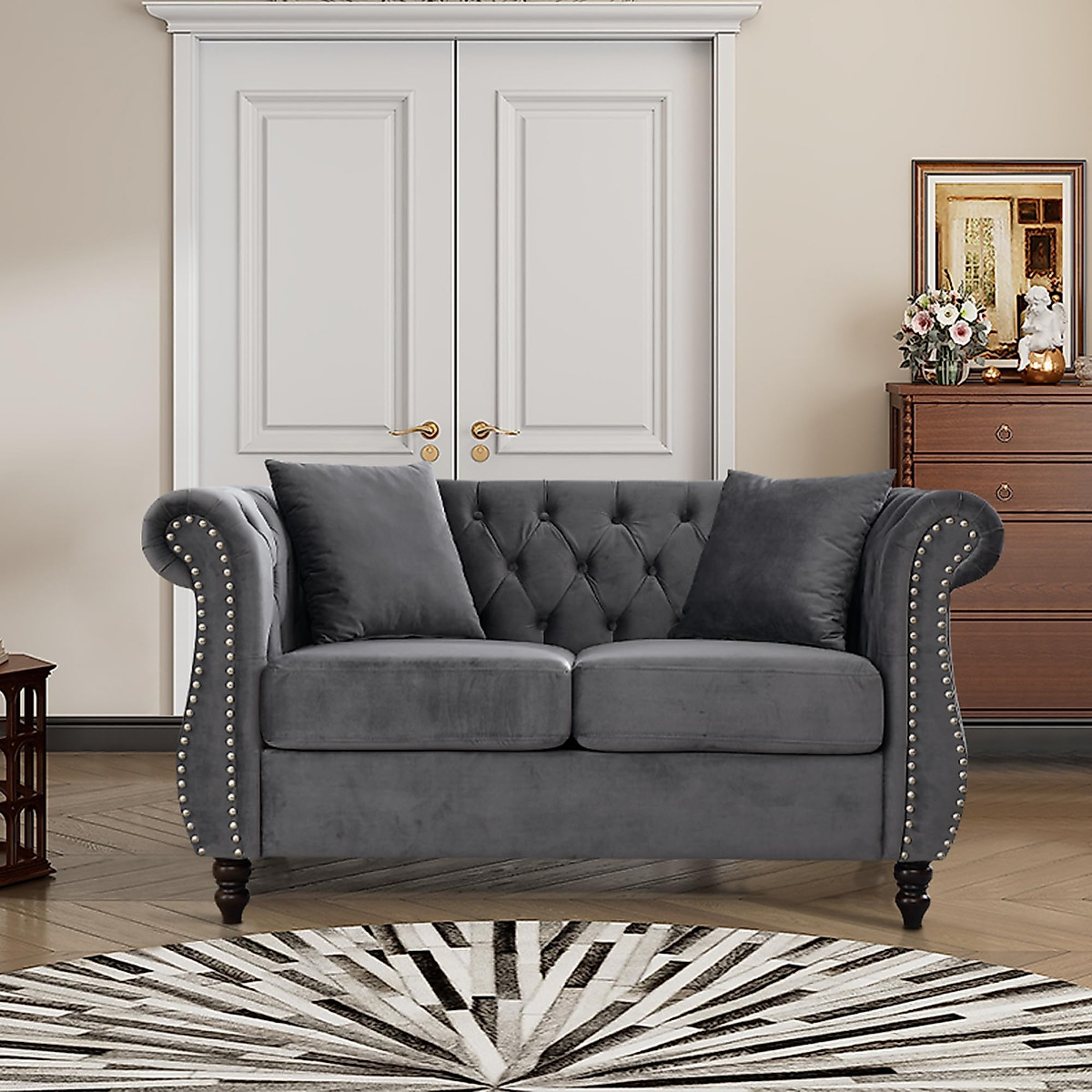 ATUMON 59" Chesterfield Loveseat Velvet Sofa for Living Room,2-Seater Sofa Tufted Couch with Two Pillows,Rolled Arms and Nailhead for Living Room, Bedroom, Office Grey