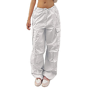 Xineicy Parachute Pants for Women Drawstring Baggy Cargo Pants Y2K Trouser Low Rised Jogger Sweatpants Loose Hip Hop A White