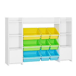 FOTOSOK 55'' Large Toy Storage Organizer with 9 Toy Bins, Toy Organizers and Storage with Shelf and 6 Storage Cubbies, Bookshelf, Playroom Organization and Storage Bins, Yellow/Green/Blue