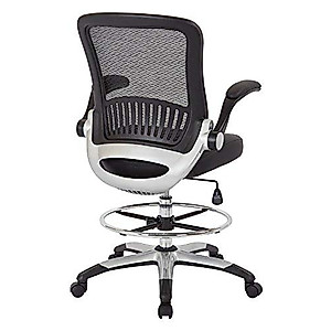 Office Star DC Series Mesh Back Drafting Chair with Adjustable Footring and Padded Flip Arms, Black Faux Leather Seat