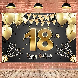 HAMIGAR 6x4ft Happy 18th Birthday Banner Backdrop - 18 Years Old Birthday Decorations Party Supplies for Girls Boys - Black Gold