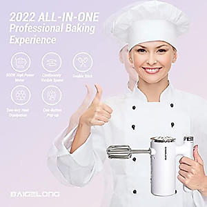 BAIGELONG Hand Mixer Electric, 500W Ultra Power Handheld Mixer with Continuously Variable Speed Control, 5 Stainless Steel Accessories Kitchen Mixer for Baking, Dishwasher Safe, White Silver