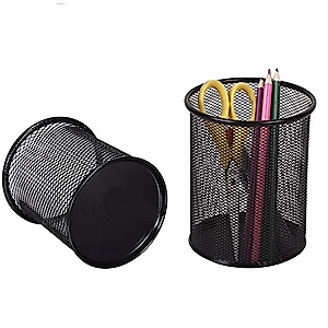 TSY TOOL 4 Pack 4" inch Black Round Cylinder Shape Mesh Pen Holder Metal Jumbo Pencil Cup Pen Organizer Medium Size - Bonus Leaf Bookmark
