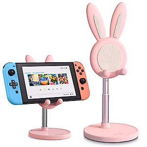 OATSBASF Cell Phone Stand, Adjustable Cute Bunny Phone Stand for Desk, Kawaii Phone Holder Stand, Compatible with All Mobile Phones, iPhone, Kindle, Switch (Pink)