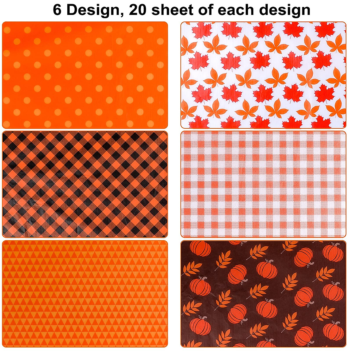 Konsait Thanksgiving Wrap Paper, 120 Sheet Fall Autumn Tissue Paper for Gift Wrapping, Maple Leaves Buffalo Plaid Polka Dot Pumpkin Prints Crafts Paper for Harvest Birthday Festival Bags Party Pompom
