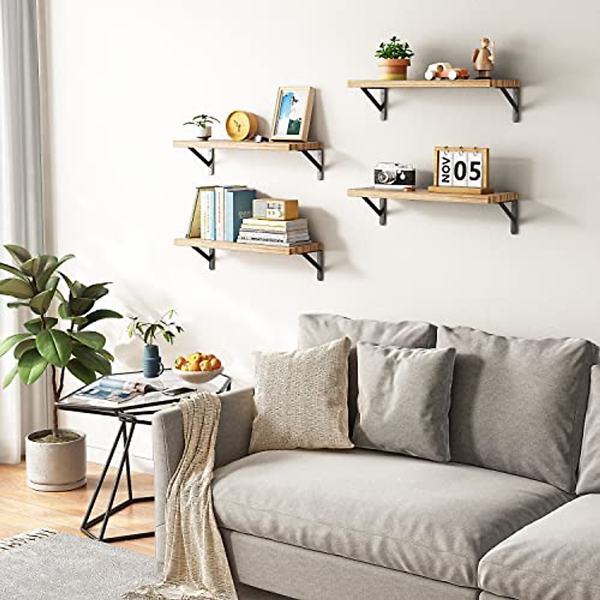 YGEOMER Floating Shelves Set of 5, Rustic Wood Wall Shelf for Bedroom Decor, Living Room, Kitchen Storage, Wall Mounted Rustic Wood Floating Shelves for Bathroom, Office