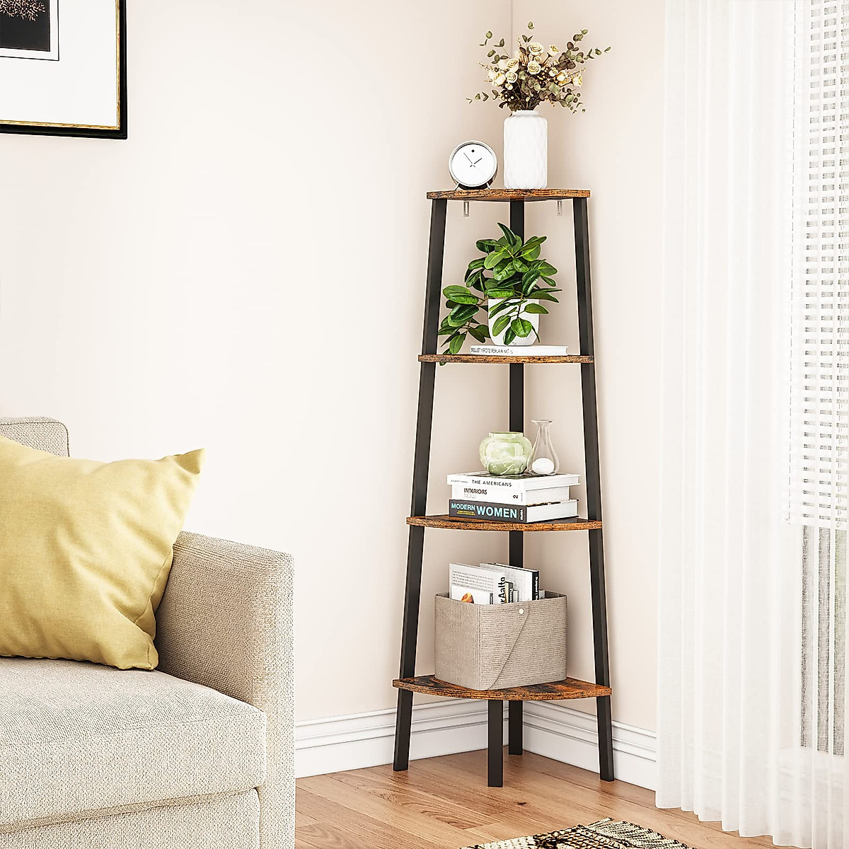 Bennio Brenny Corner Shelf, 4-Tier Ladder Bookshelf, Metal Frame Storage Rack, Shelving Unit, Plant Stand for Living Room, Home Office, Kitchen