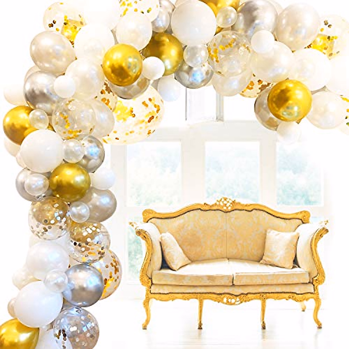 White and Gold Balloon Garland Kit with Gold Silver Confetti - Easy to Assemble 100pcs Premium White and Gold Balloons for Birthday Party - Gold and White Balloon Arch Kit for Baby Shower Balloon Arch