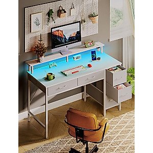 Seventable Computer Desk with Power Outlets & LED Light, 39 inch Home Office Desk with 5 Drawers, Writing Desk with Monitor Stand, Work Desk for Home Office, White