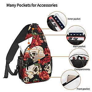 NiuKom Flower Skeleton Sugar Skull Crossbody Bags for Women Trendy Sling Backpack Men Chest Bag Gym Cycling Travel Hiking Daypacks