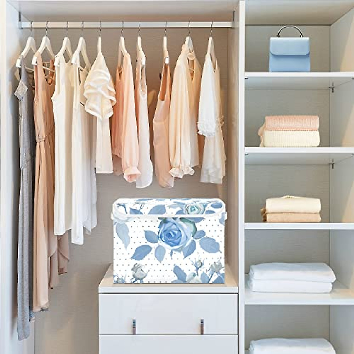 Kigai Storage Basket Blue Rose Storage Boxes with Lids and Handle, Large Storage Cube Bin Collapsible for Shelves Closet Bedroom Living Room, 16.5x12.6x11.8 In