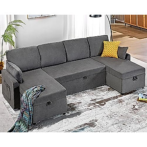 VanAcc Sleeper Sofa, 110 inch Oversize - 2 in 1 Pull Out Bed, Sectional Sleeper Sofa with Double Storage Chaise for Living Room, Grey Linen Couch