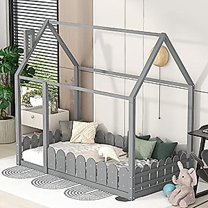 Harper & Bright Designs House Bed Twin Kids Bed Floor Bed Frame with Roof and Fence, Box Spring Needed, for Toddlers, Kids, Teens, Girls, Boys (Twin Size, Gray)