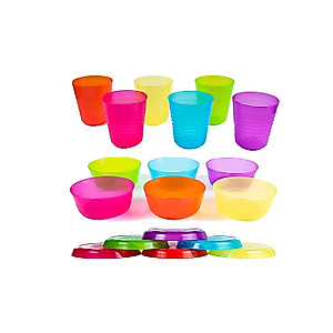 Cuddly Hippo Kids Plastic Dinnerware Set of 18 Multi Color Pieces (Plates, Bowls, and Cups) - Reusable, BPA-Free, Dishwasher Safe and Microwaveable