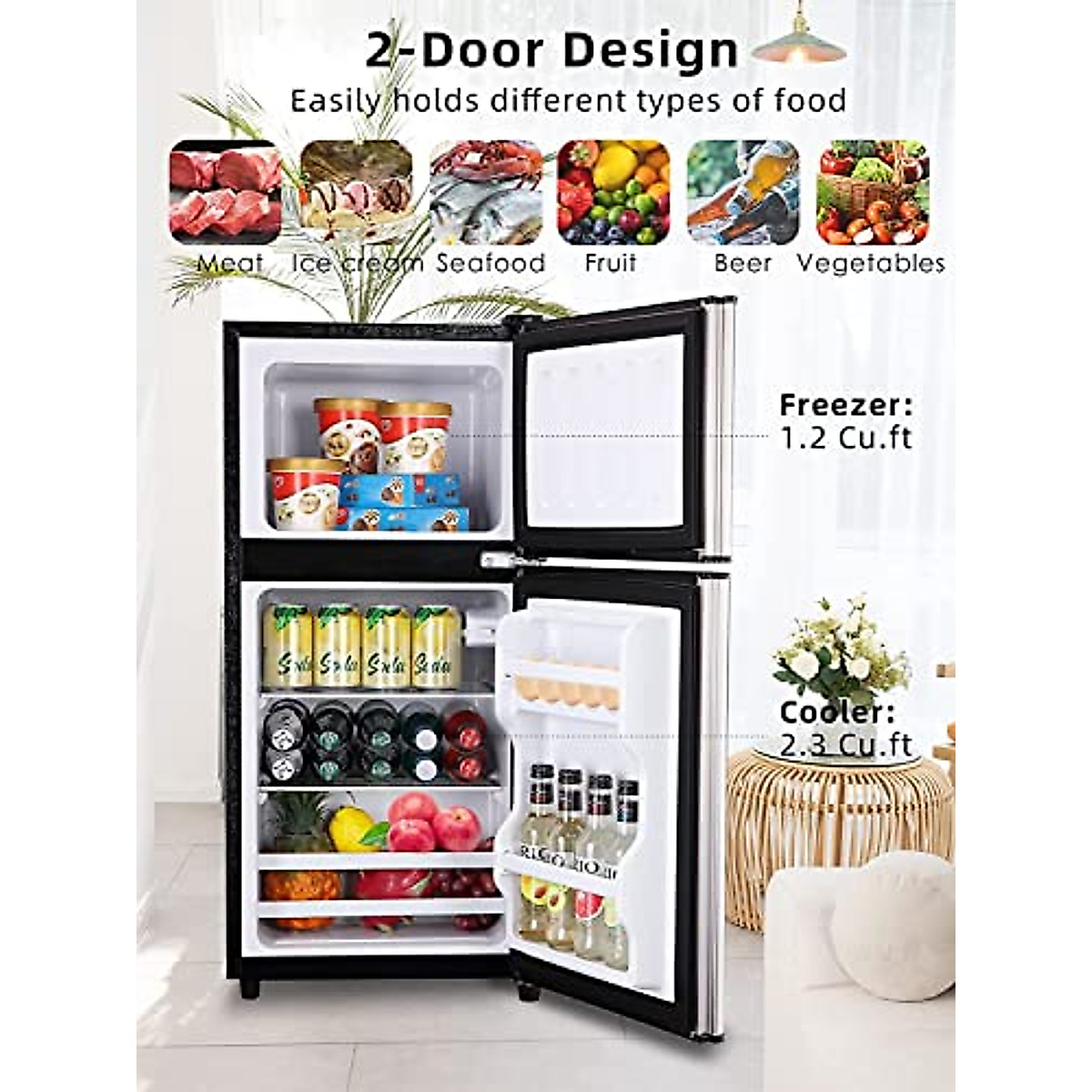 KRIB BLING Refrigerator with Freezer 3.5 Cu.Ft with 7 Level Adjustable Thermostat Control 2 Door Energy Saving Top-Freezer Compact Refrigerator Silver