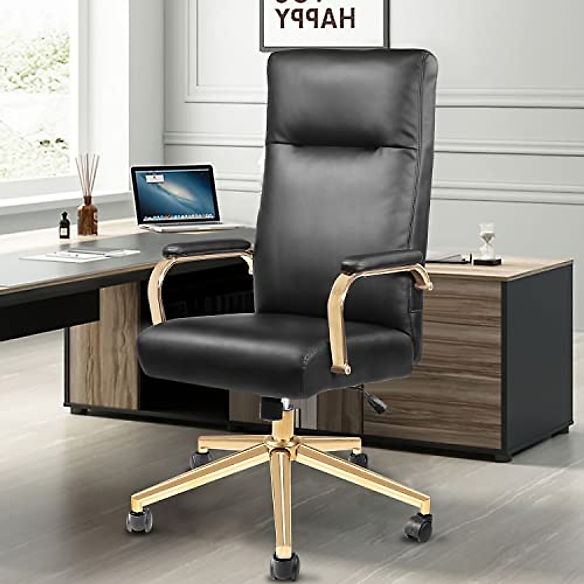 Toszn Executive Office Chair Gold, High Back Executive Office Chair with Back Support and Armrest, Leather Office Chair for Women, Desk Chairs with Wheels and Gold Legs, Black