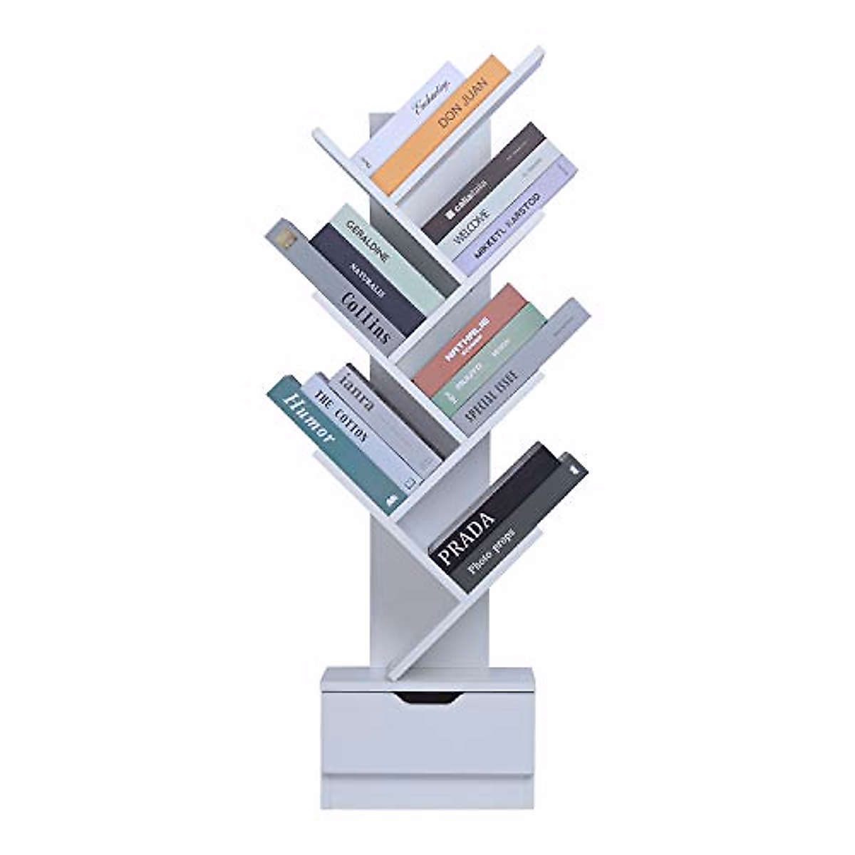 TINSAWOOD 7-Shelf Rack Bookcase, Wooden Tree Bookshelf, Free Standing Book Storage Organizer, for Books/CDs/Albums/Files Holder in Living Room Home Office, White