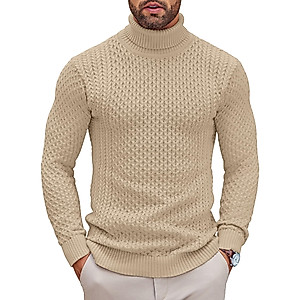 COOFANDY Men's Slim Fit Turtleneck Sweater Casual Knitted Twisted Pullover Solid Sweaters Khaki