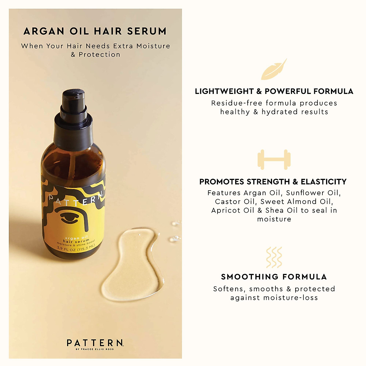 PATTERN Beauty by Tracee Ellis Ross Argan Oil Hair Serum, 3.9 Fl Oz, Rich Moisture and Shine Boost for Curlies, Coilies and Tight-Textured Hair, 3a-4c